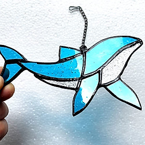 Mollytek Stained Glass Window Hangings Flying Dolphin Shaped Stained Glass Suncatcher Panel for Window Wall Patio Car Garden Haning Ornament with Chain,Home Decor Gifts for Mom, Dolphin Lovers