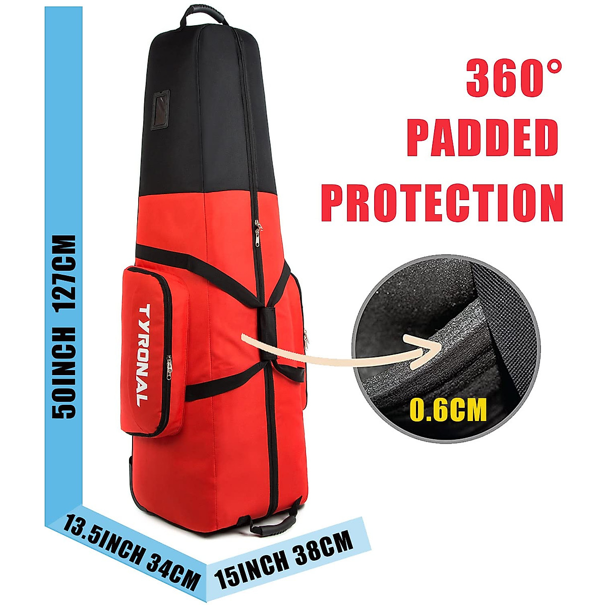 TYRONAL Golf Travel Bag - Padded Golf Club Travel Bag with Wheels,600D Polyester Oxford Wear-Resistant Golf Travel Case for Airlines, Lockable Zipper Universal Size. (Red)