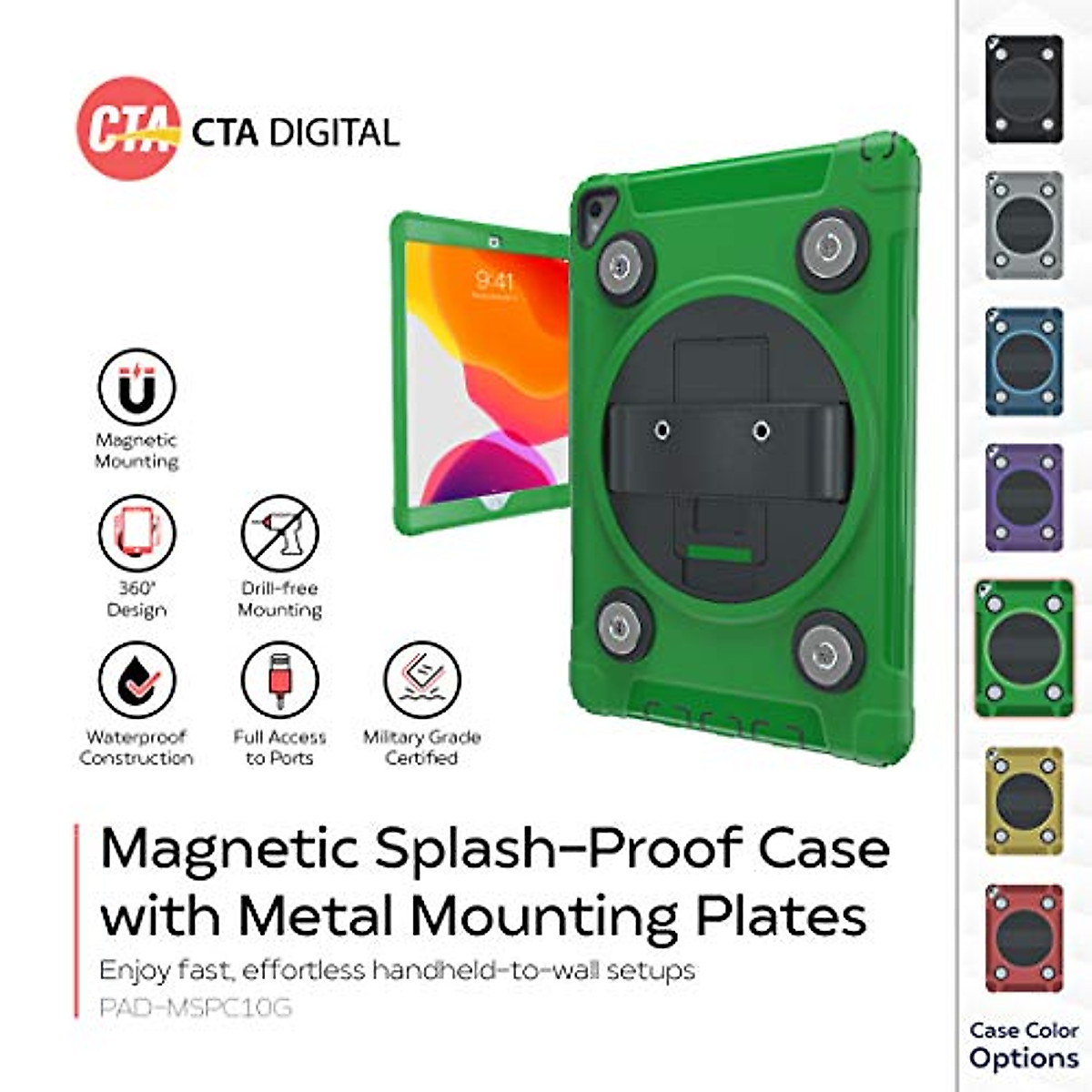 Magnetic Case for iPad 7/8/9 Gen - CTA Hard Kickstand Case with Magnetic Mounting Plates and Carry On Strap for iPad 7/8/9th Generation - Green
