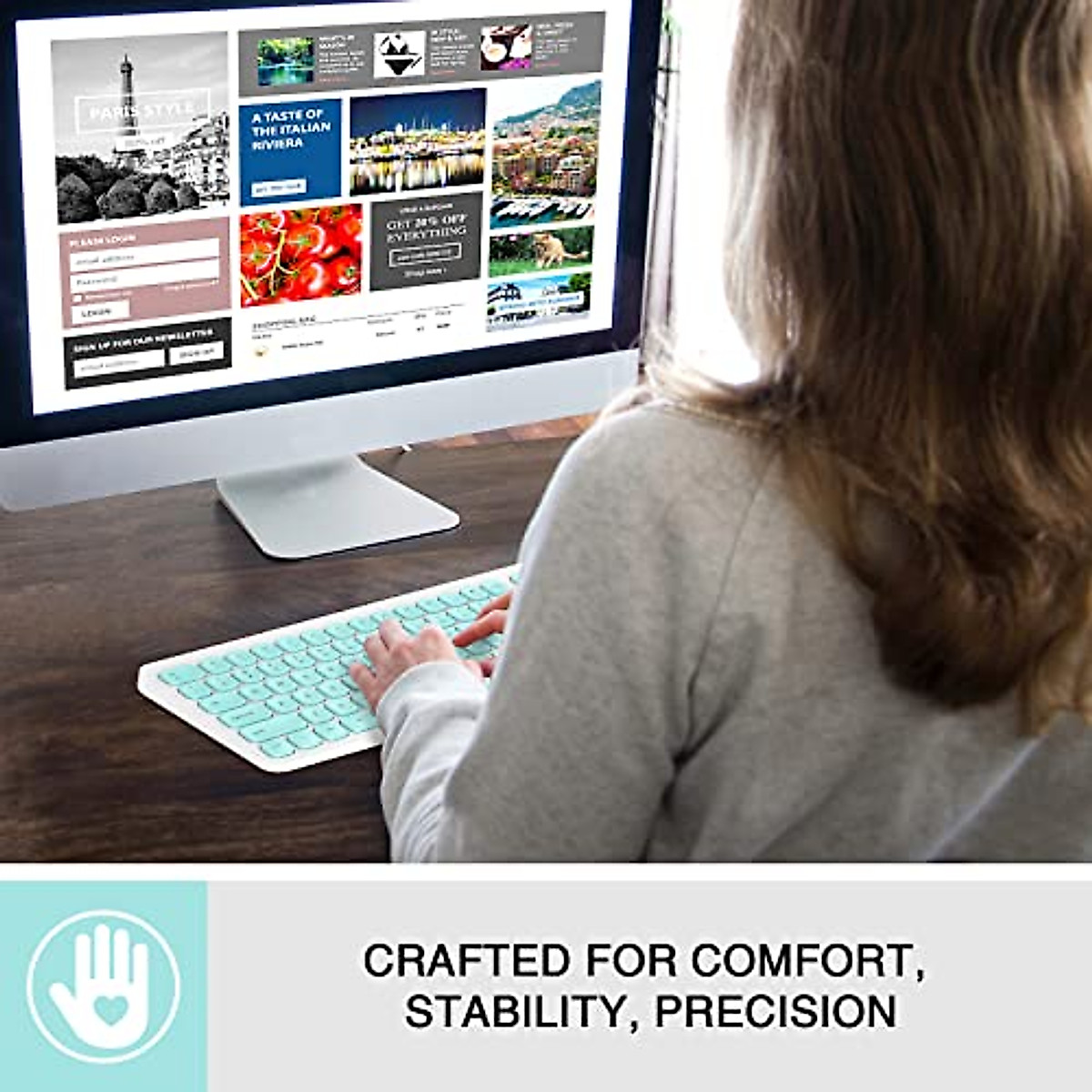 cimetech Wireless Keyboard, 2.4G Advanced Full Size Keyboard with Number Pad, Silent Ergonomic Keyboard and 110 Keys, for Laptop, Desktop, PC, Mac, Windows 10/8/7/XP (Aqua Green)