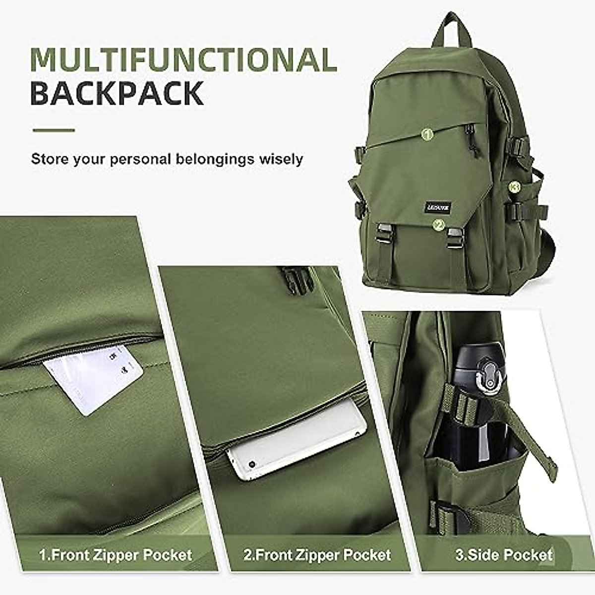 KEYEMP Casual Daypack Cute School Backpacks for Men Women Lightweight Durable Bookbag for High Middle School, Fashion Travel Bag, Gift,Olive Green