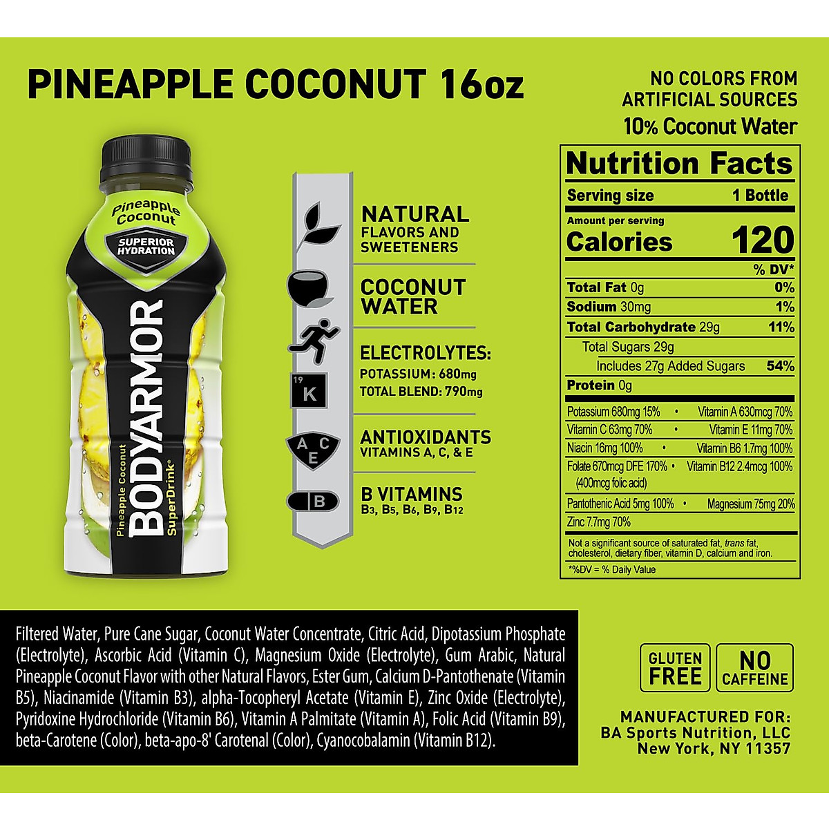BODYARMOR Sports Drink Sports Beverage, Pineapple Coconut, Coconut Water Hydration, Natural Flavors With Vitamins, Potassium-Packed Electrolytes, Perfect For Athletes, 16 Fl Oz (Pack of 12)