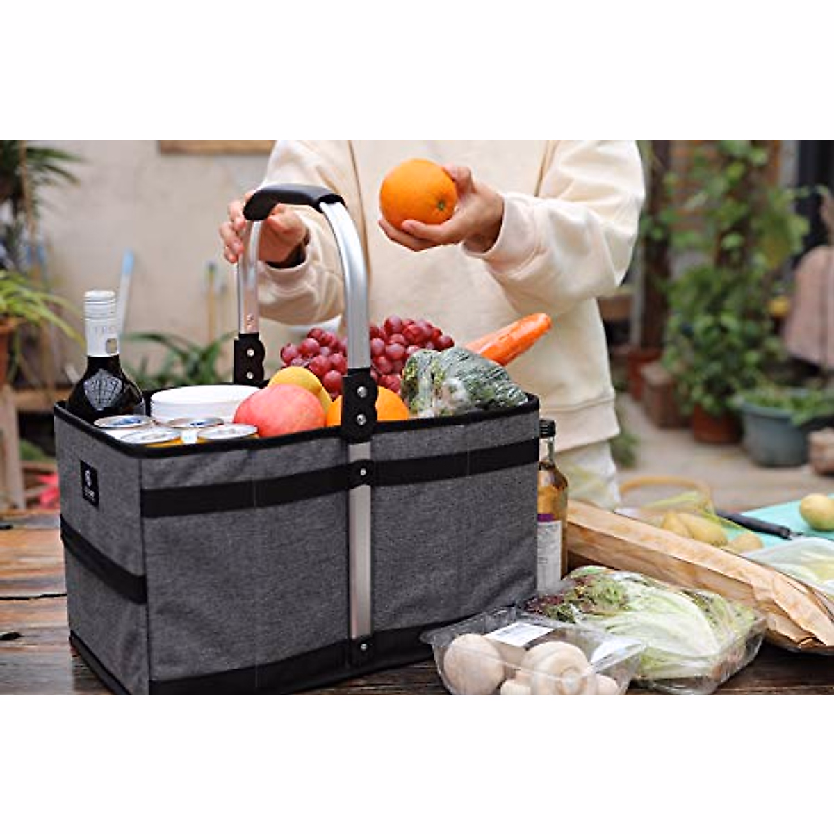 ALLCAMP OUTDOOR GEAR Folding Picnic Basket/Grocery Basket/Laundry Basket /28L Extra Large Market Baske Collapsible Portable(Large-Gray)