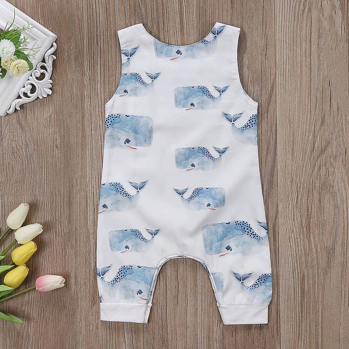 Pudcoco Toddler Baby Boy Girl Romper Summer Clothes Sleeveless Cartoon Animals Print Cropped Jumpsuit Bodysuit (12-18 Months,White Whales)