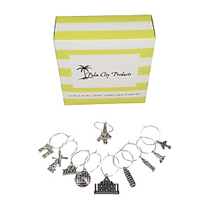 Palm City Products 10 Piece World Travel Themed Wine Charm Set - Traveler Stemmed Wine Glass Charms
