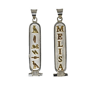 FAMA.store Customize Personalized pendant Egyptian Cartouche Necklace Sterling Silver and 18k gold symbols one Side Translate into Hieroglyphs Handmade in Egypt (1.75 inch (4-5 Letters))