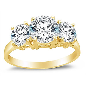 Size 6.5 - Solid 14k Yellow Gold 3 Three Stone Round Brilliant Cut Solitaire with Round Side Stones CZ Cubic Zirconia Engagement Ring 2.0ct.