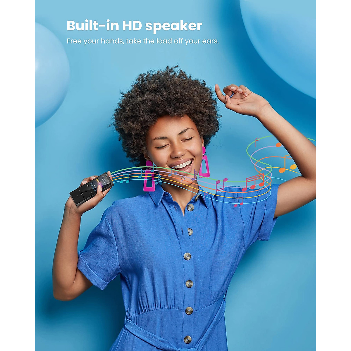 DODOSOUL 64GB MP3 Player, Music Player with Bluetooth 5.2, Shuffle, Single Loop, FM Radio, Built-in HD Speaker, Voice Recorder, Mini Design, HiFi Sound, Ideal for Sport, Earphones Included