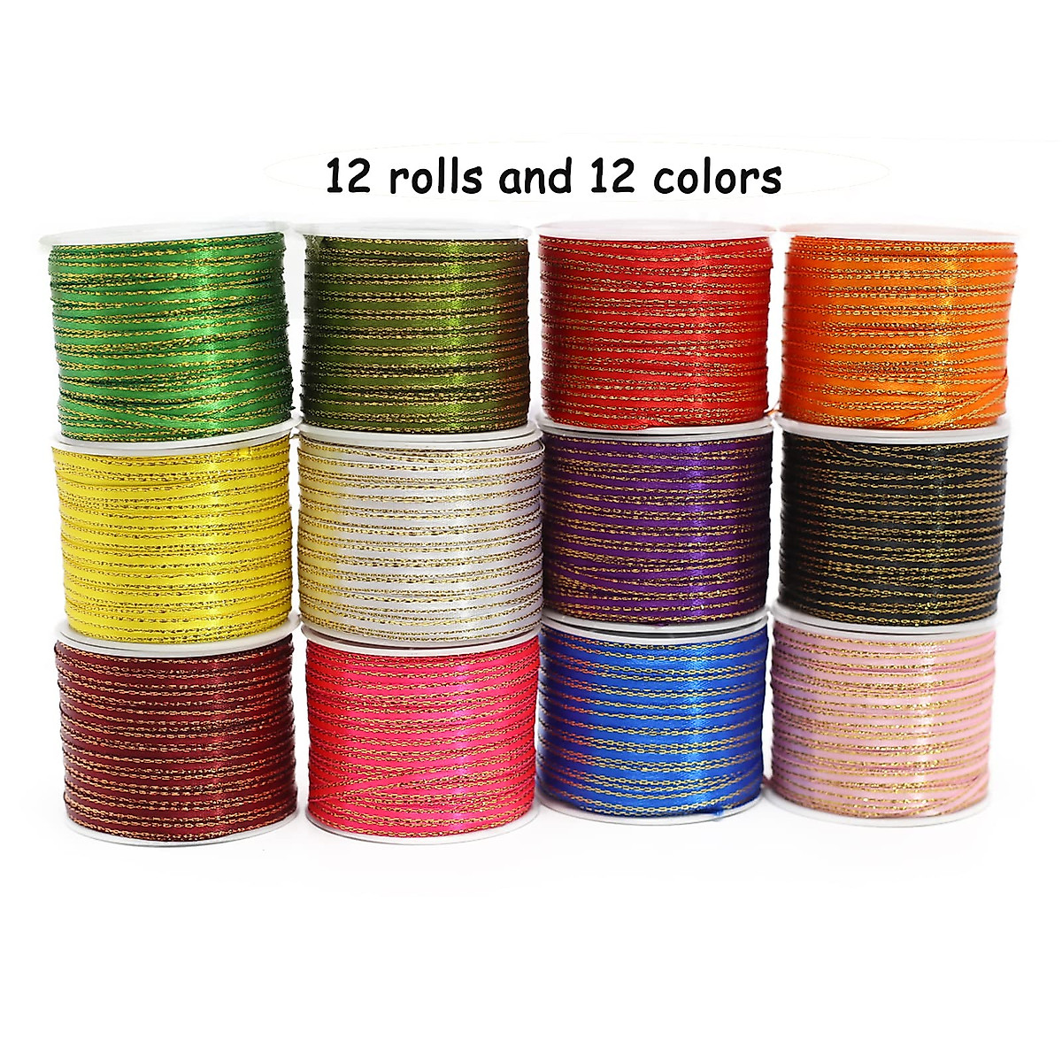 JESEP YONG 1/8" Assorted Satin Ribbon with Gold Edge Solid-1000 Yards-3mm ContinuousThin Ribbon Boutique Gift Wrapping Package Ribbon-DIY Crafts-Balloons-Florists-Showers Deco Ribbon(12 Colors)