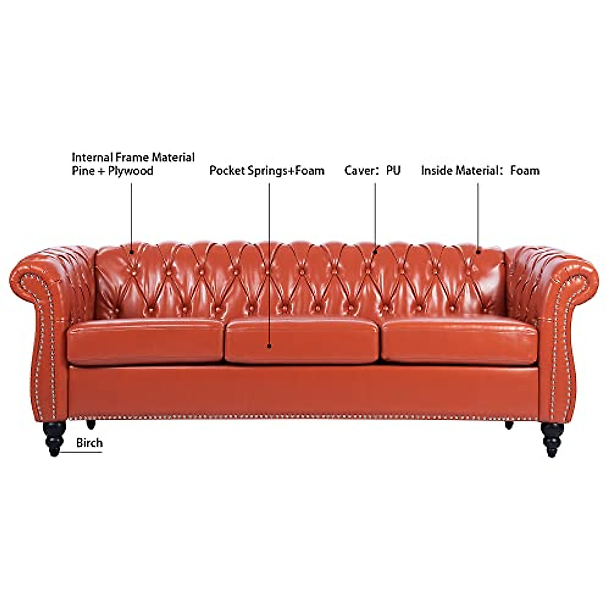 GEEVIVO 84.65" Large Sofa, Mid-Century PU Leather Sofa Modern Tufted Upholstered Futon Sofa Couch with Removable Cushion 3 Seater Scroll Arm Sleeper Sofa for Living Room/Bedroom/Apartment(Orange)