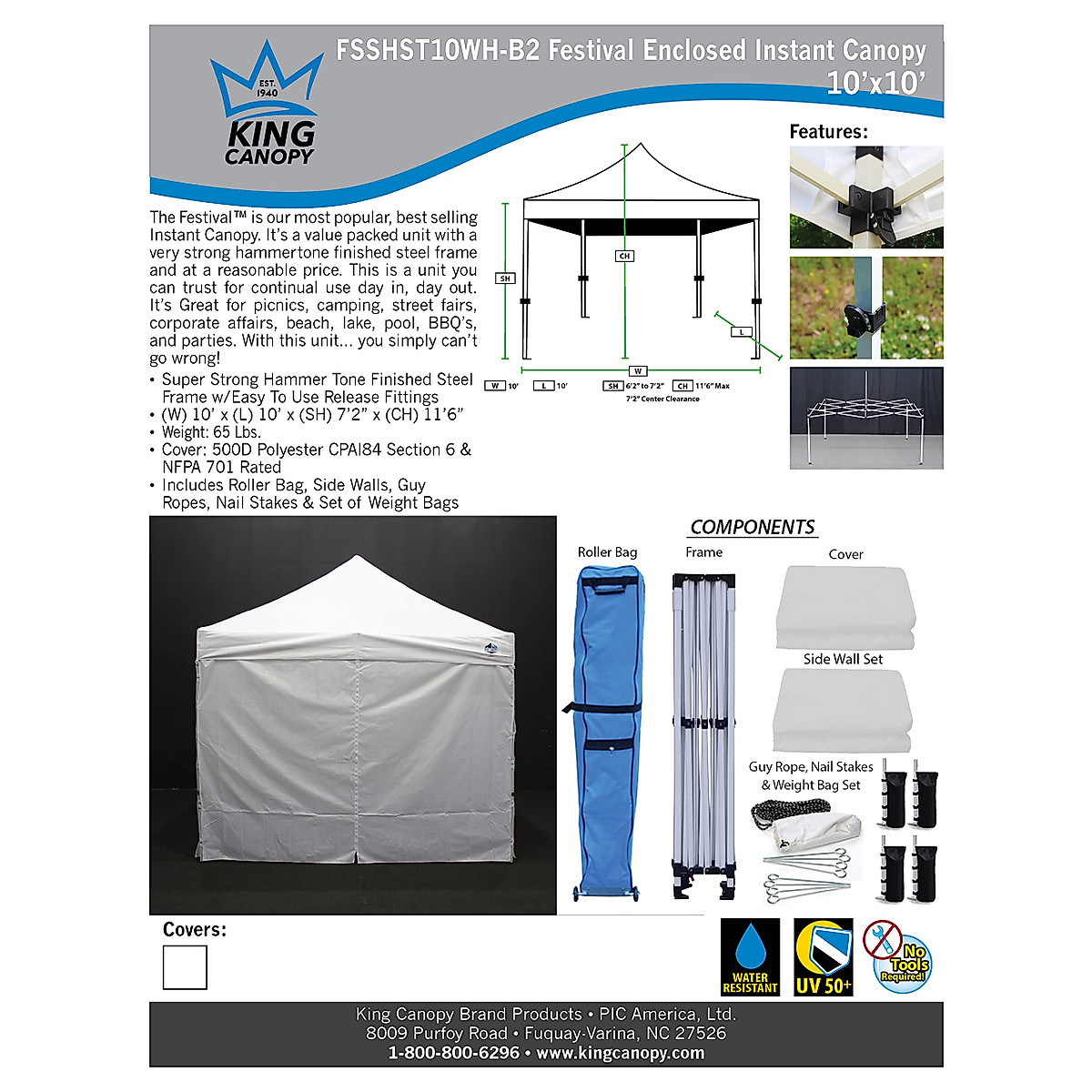 King Canopy Festival 10-Feet by 10-Feet Instant Pop up with 3 Solid Sides, 1 Zippered Door and Weight Bags, 1-Inch Steel Frame, White, FSSHST10WH-B2
