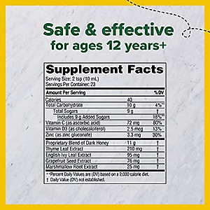 Zarbee's Adult Daytime Cough Syrup + Mucus with Honey, Ivy Leaf, Vitamin C, D & Zinc, Thyme, Drug & Alcohol-Free, Gluten-Free, Ages 12+, Natural Honey Lemon Flavor, 8 Fl.oz