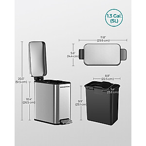 SONGMICS Bathroom Trash Can and Toilet Brush Set, 1.3 Gallon Small Trash Bin with Lid, Slim for Small Spaces, Stainless Steel Garbage Can, Soft Close, Silver ULTB560E0501