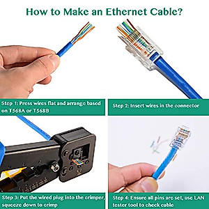 Kinoth RJ45 CAT6 Pass Through Connectors 100 Pack - Easy and Fast Termination - Gold Plated 3 Prong 8P8C Modular Ethernet UTP Network Cable Plug End for Cat6 Cat5e