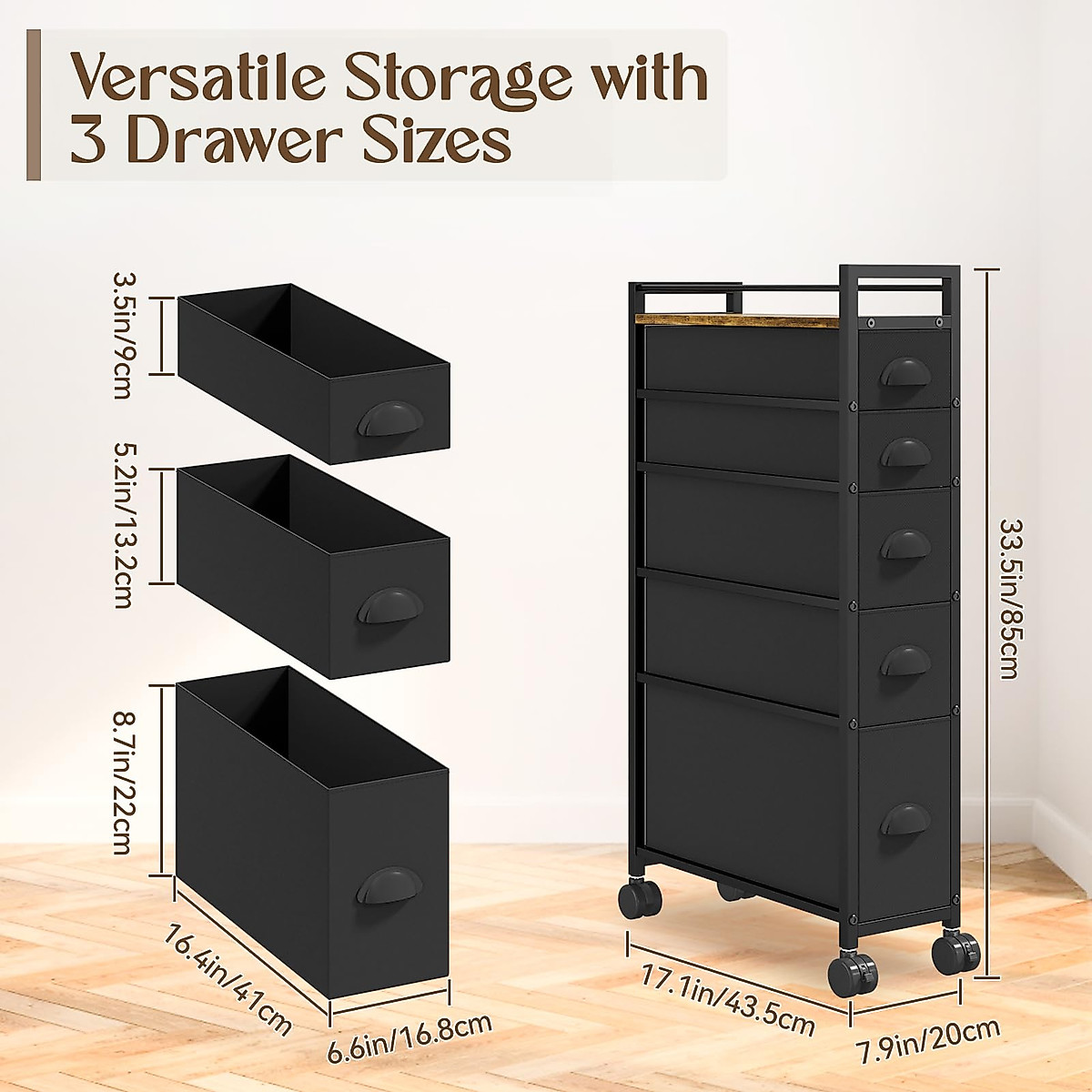 LASZOLA 5 Drawer Narrow Dresser Slim Cabinet Skinny Storage Tower Chest, Ideal for Small Spaces Bathroom Bedroom, Between Washer and Dryer, Lightweight Mobile on Wheels, Sturdy Fabric Drawers, Black