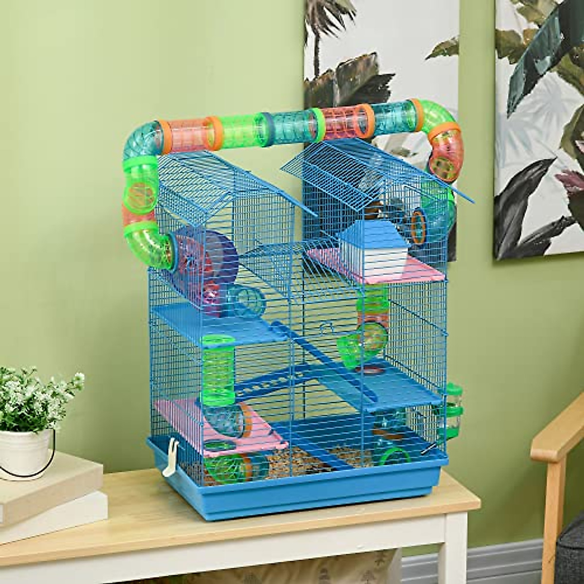 PawHut 18.5" 5 Tier Hamster Cage with Tubes and Tunnels, Small Animal Cage, Rat Gerbil Cage with Water Bottle, Food Dish, Exercise Wheel, Blue