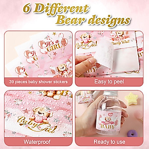 Clabby 39 Pieces Baby Shower Water Bottle Labels Shower Water Bottle Stickers Wrappers Waterproof Baby Shower Labels for Baby Shower Party Decoration (Pink)