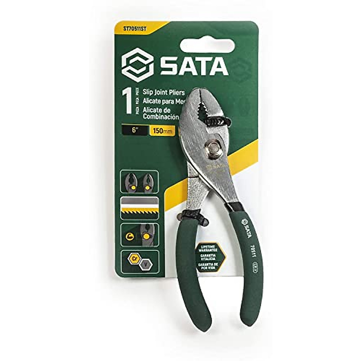 SATA 6-Inch Slip-Joint Pliers, Chrome Vanadium Steel Body, with Green Handles and Rivet Joint Assembly - ST70511ST