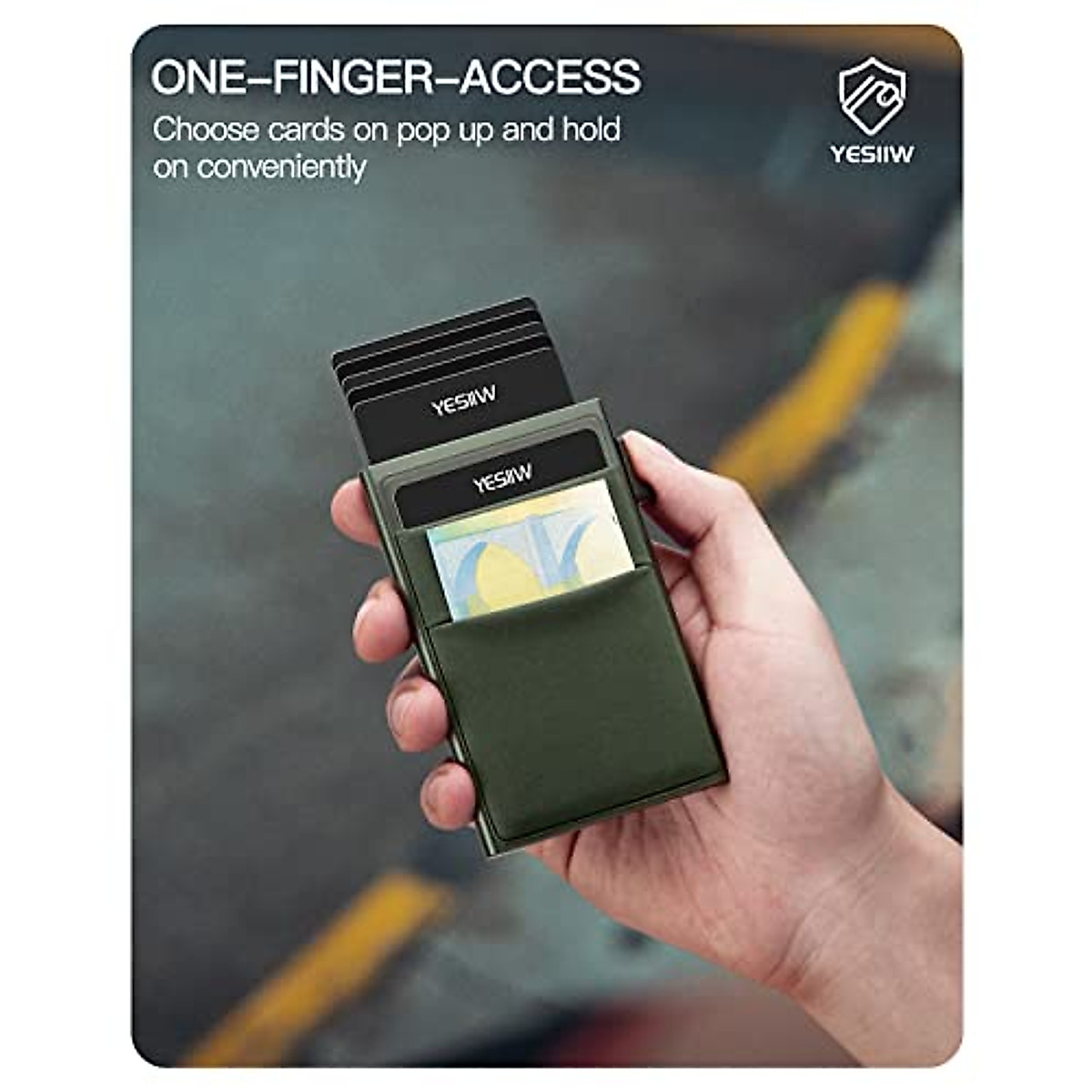 YESIIW Slim Card Holder Wallet - Minimalist Pop up Wallet for Men RFID Blocking with Money Pocket | Metal Wallet Card Case Green