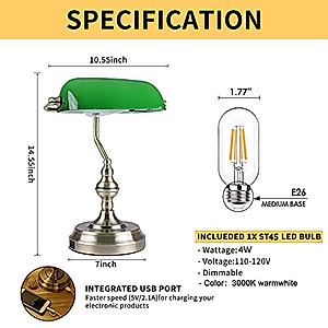 Liylan Green Glass Bankers Desk Lamp,Vintage Desk Lamp Touch Control, 3 Way Dimmable Table Lamp with USB Charging Port, Mid Century Banker's Desk Lamp for Home Office Library Antique Brass