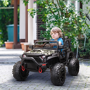 Aosom Ride On Truck for Toddlers 3-8 with Bluetooth, 12V Battery-Powered Electric Car for Kids with Wide Seat, Remote Control, Music, Camo