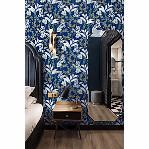 Yasinet Peel and Stick Wallpaper Boho Blue Wallpaper Removable Floral Self-Adhesive Contact Paper Vintage Blue Wallpaper for Walls Bedroom Vinyl Rolls 15.75inch × 78.7 inch