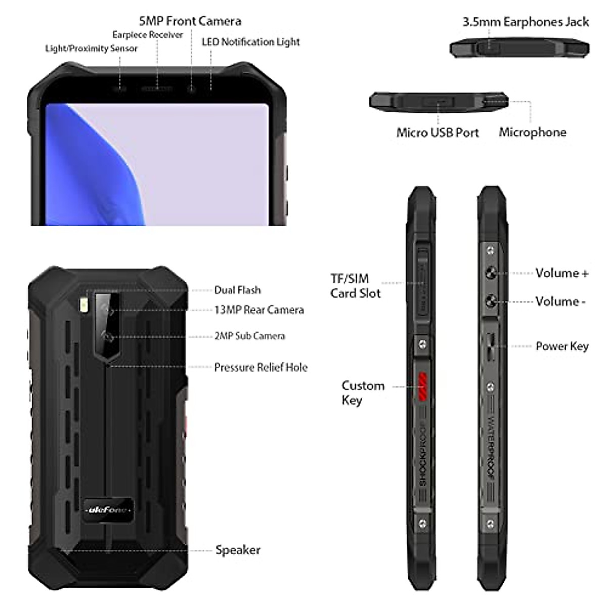 Ulefone Armor X9 Pro Rugged Smartphone, 4GB+64GB Unlocked Cell Phones, 13MP +5MP+2MP, 5.5 inch Screen, Android 11 Helio Octa-core, Military Grade Smartphone, Face ID, NFC, WiFi (Black)