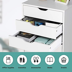 YQ FUNLIS 5-Drawer Chest Wood Storage Dresser Cabinet with Wheels Mobile Side Cabinet Chest for Home Office Storage Use,White