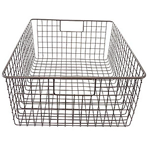 Kitchen Basics 101 Large Farmhouse Metal Wire Storage Basket Bins with Handles 16" x 12" x 6" Closets, Shelves, Cabinets, Bathrooms (Bronze, 2)
