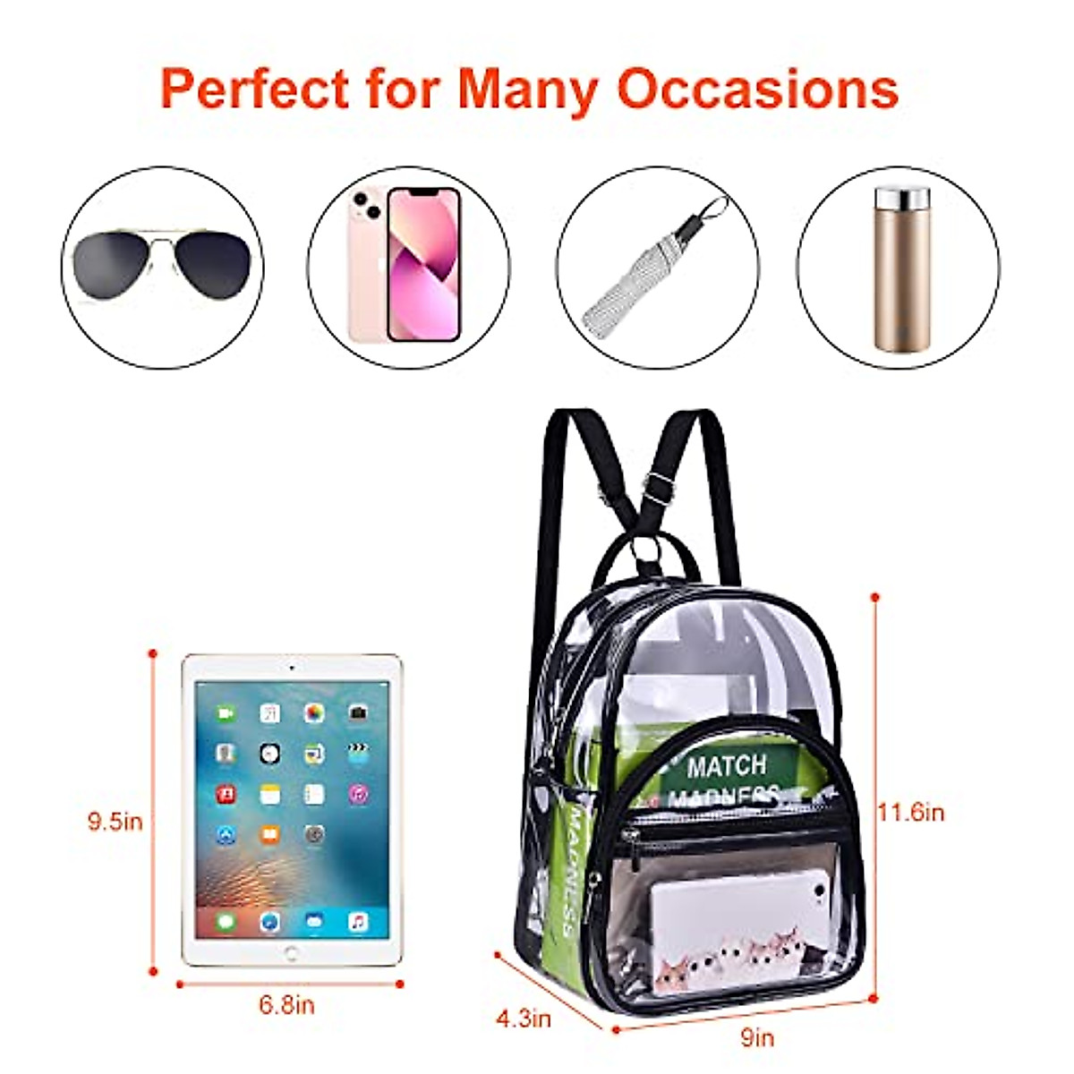 Oraben Small Clear Backpack Stadium Approved,Small Clear Purse Backpack Clear Cute Daypacks Convertible Shoulder Bag Clear Bag for Women Girls (Black,Small)