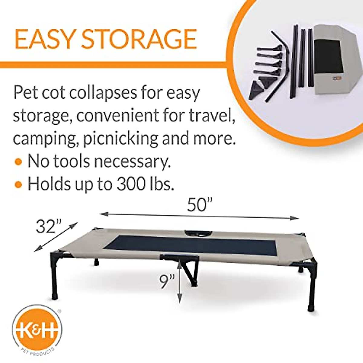 K&H PET PRODUCTS Elevated Cooling Outdoor Dog Bed Portable Raised Dog Cot Taupe/Black X-Large 32 X 50 X 9 Inches