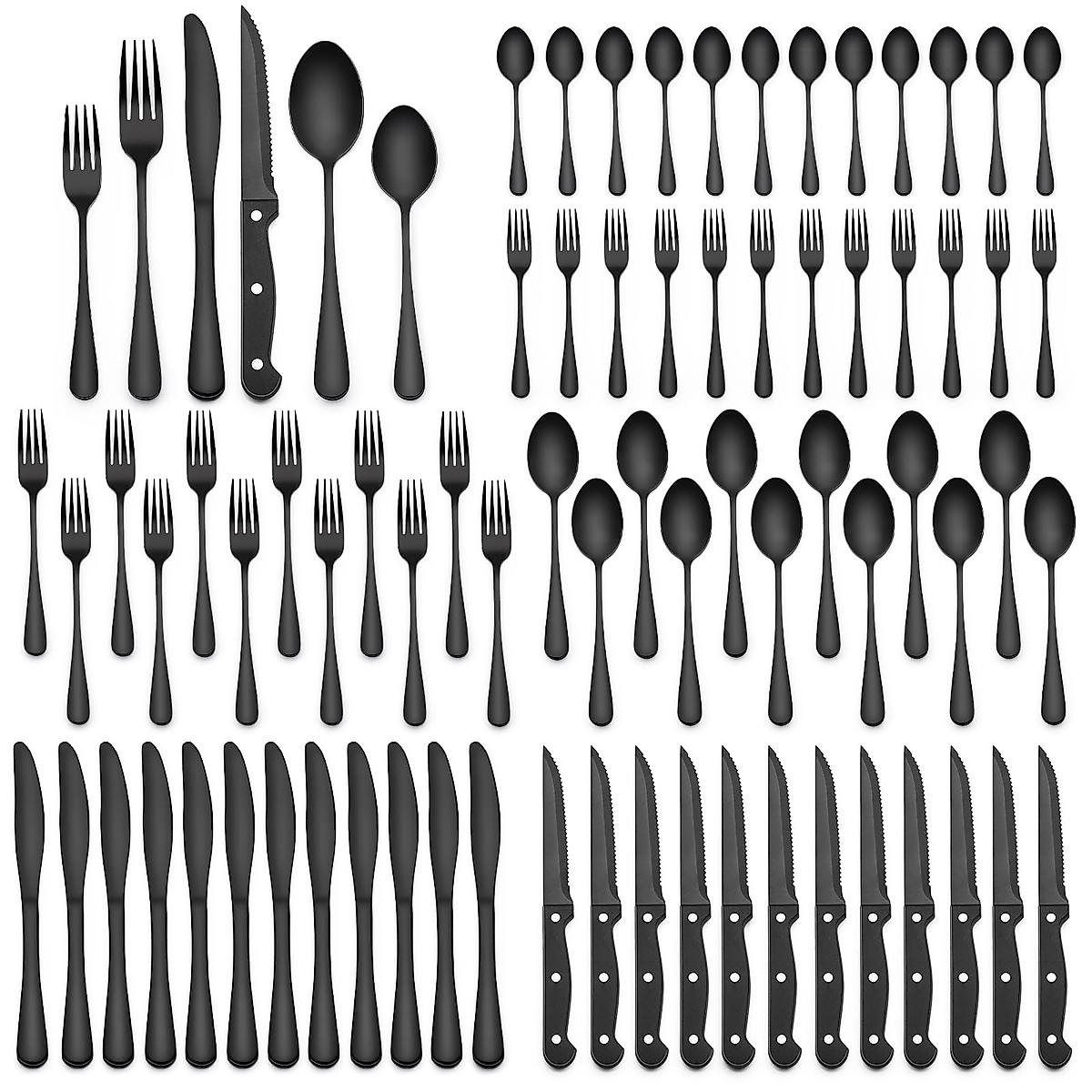 48-Piece Black Silverware Set with Steak Knives, Black Flatware Set for 8, Food-Grade Stainless Steel Tableware Cutlery Set, Kitchen Cutlery for Home Office Restaurant Hotel