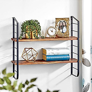 mDesign 2-Tiered Floating Shelf – Long Bookshelf with Rust-Resistant Metal Brackets – Wall Shelf for Bathroom, Kitchen, Office etc. – Black/Natural