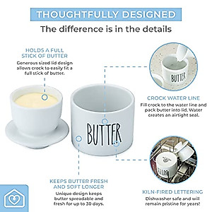 Heartland Home Porcelain French Butter Crock for Counter with Water for Soft Butter. 3.9" Ceramic Butter Dish with Lid Butter Keeper. White Farmhouse Bell Style Butter Holder Container.