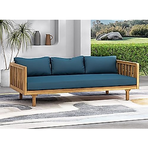 Merax Outdoor 3 Seater Daybed, Acacia Wood Day Bed Couch Sofa with Cushions for Patio Backyard, Garden, Blue
