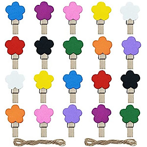 SaktopDeco Mini Flower Wooden Clothespins Small Colored Decorative Wood Clips Paper Pegs Clothes Pins for Photo Crafts Memo with Jute Twine