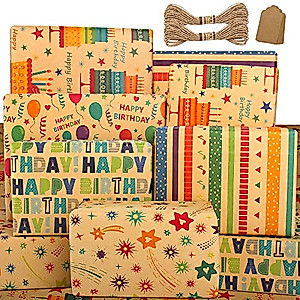 Wrapping Paper Birthday Wrapping Paper Sheets-Recyclable Gift Wrapping Paper Set with Gift Tags & String-Birthday Gift Wrap for Present Wrapping Paper with Brown Kraft and Colorful Design-Birthday Wrap Birhtday Paper for Men Women Girls Boys Kids