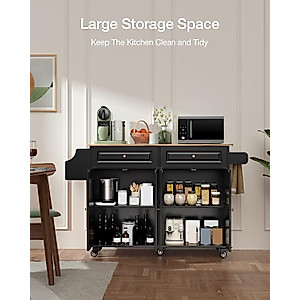 Qsun Kitchen Island with Storage, Kitchen Cart on 5 Universal Wheels, Mobile Kitchen Island with Rubber Wood Top and Side Rack (Black)