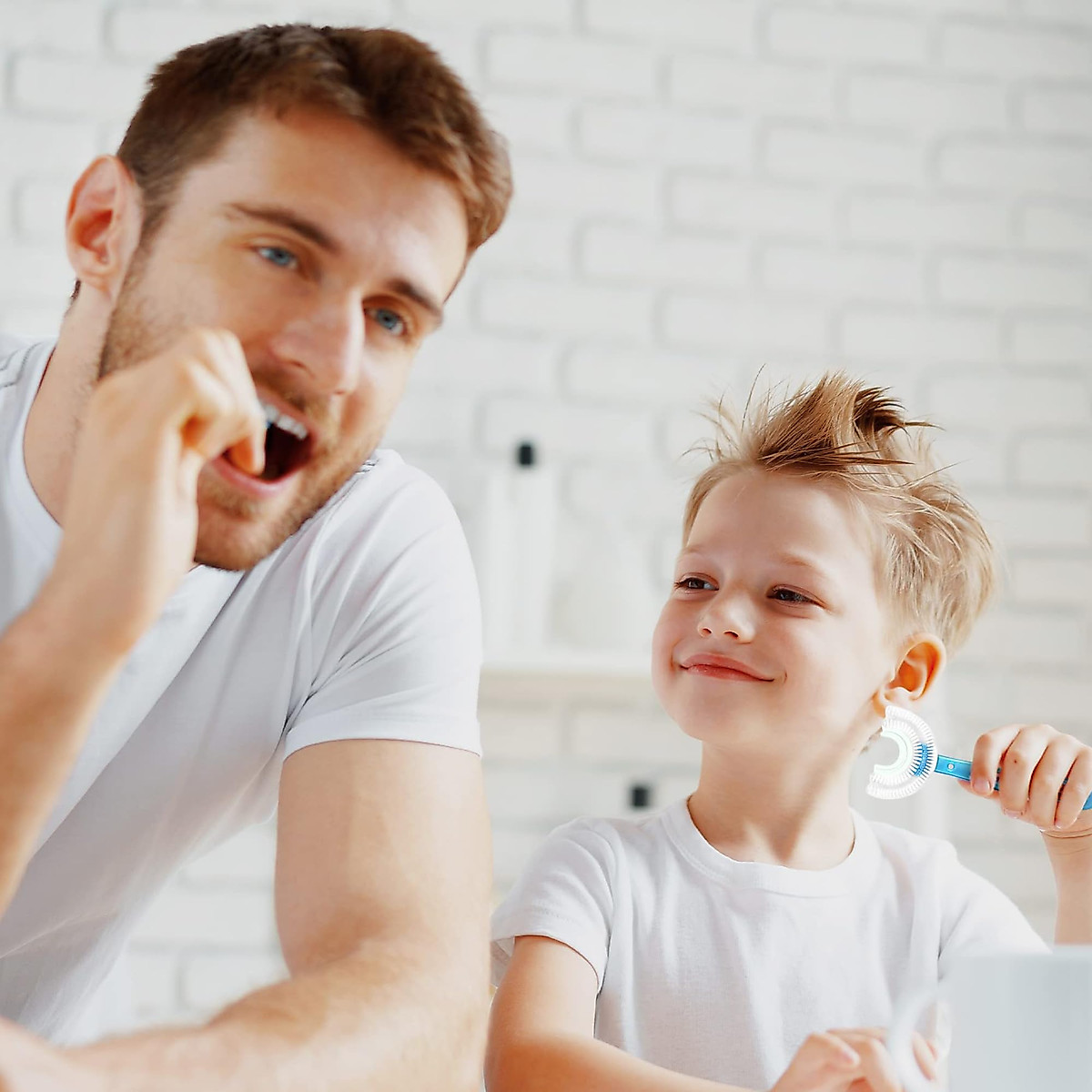 PUREVACY Kids U Shaped Toothbrush for 2-8 Years Old, 4 Pack Blue Food-Grade Silicon All Around U Shape Toothbrush, Funny Full Mouth Toothbrush for Kids with Soft Bristles and Ergonomic Handle