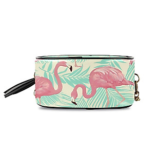 ALAZA PU Leather Small Crossbody Bag Purse Wallet Pink Flamingo Tropical Palm Leaf Cell Phone Bags with Adjustable Chain Strap & Multi Pocket