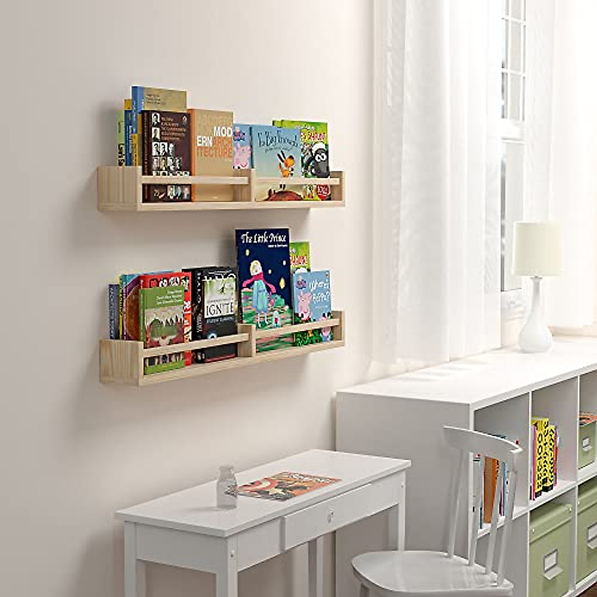 Classic Nursery Shelves, Set of 2 Natural Wood Floating Book Shelves for Kids Room, Wall Shelves for Bathroom Decor, Kitchen Spice Rack, Book Shelf Organizer for Baby Nursery Décor (32Lx4W)