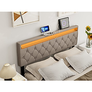 IKIFLY Upholstered Queen Size Headboard with LED Lights & 2 USB Ports - Adjustable Height - Button Tufted Linen Fabric Padded Headboard, Easy Assembly, Queen Headboard Only for Bedroom - Light Brown