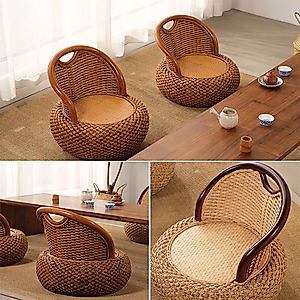 Kelendle Round Rattan Floor Chair with Ergonomic Backrest - Lazy Chair Tatami Seat Meditation Futon for Home and Office Decoration (Light Brown)