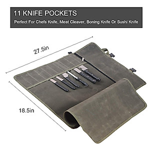 Waterproof Waxed Canvas Chef’s Knife Roll Bag With 11 Slots for Kitchen Knife Tools Up To 18.8”/Portable Chef Knife Cases(Army Green)