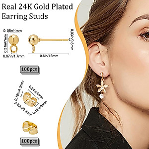 Beebeecraft 100PCS 24K Gold Plated Earring Studs with Loop Ball Post Earring Findings with 100Pcs Butterfly Ear Back for DIY Jewelry Dangle Earring Making(15x7mm, Ball: 4mm)