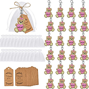 HIPVVILD Teddy Bear Baby Shower Favors Decorations for Boy - Bear Keychains + Thank You Kraft Tags + Organza Bags + 10 Meters Rope, Bear Theme Return Favors, Teddy Bear Party Supplies | 24 Set