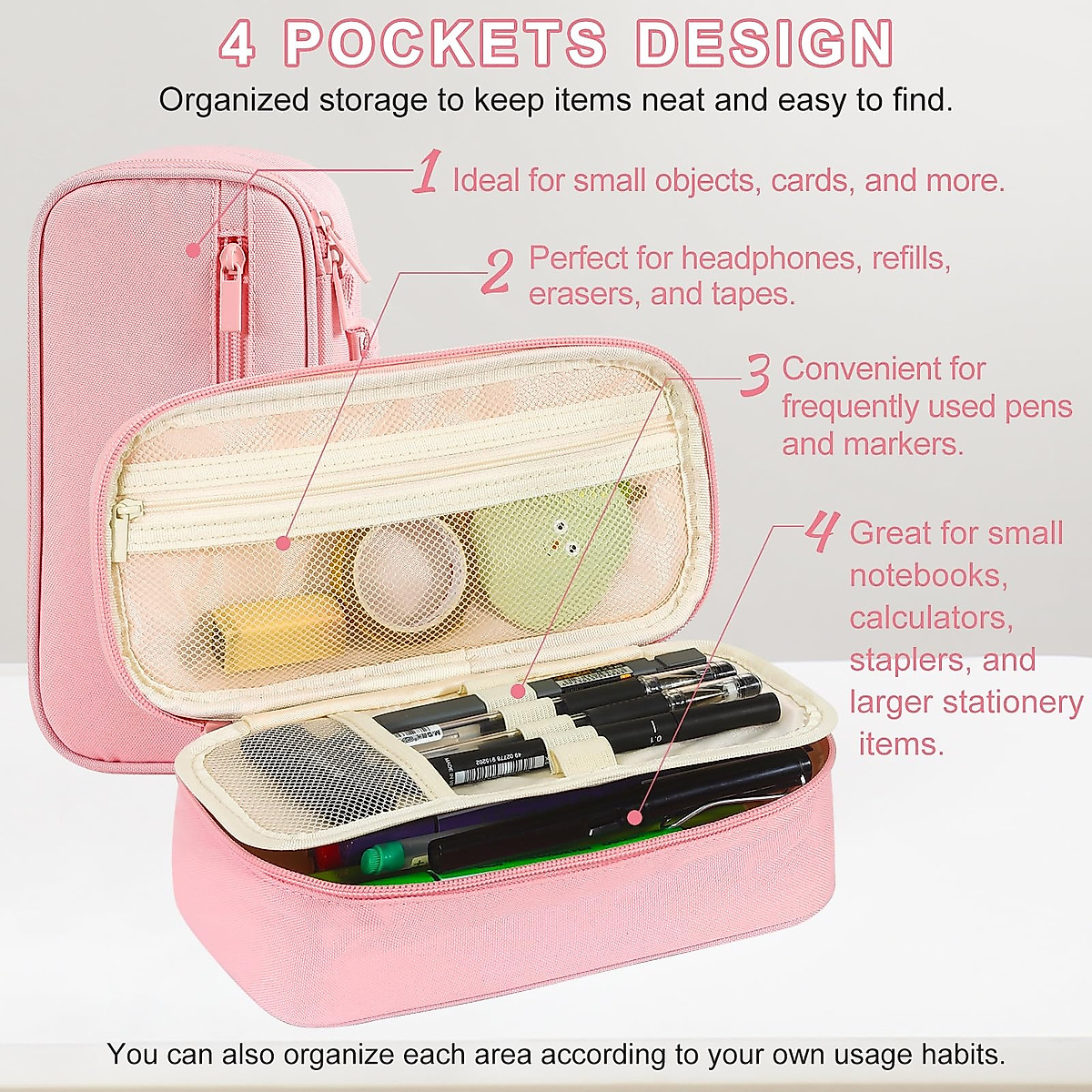 Betarami Pink Pencil Case with Handle, Portable Stationery Case, Pencil Pouch, Large Pencil Case for Home, School &Office