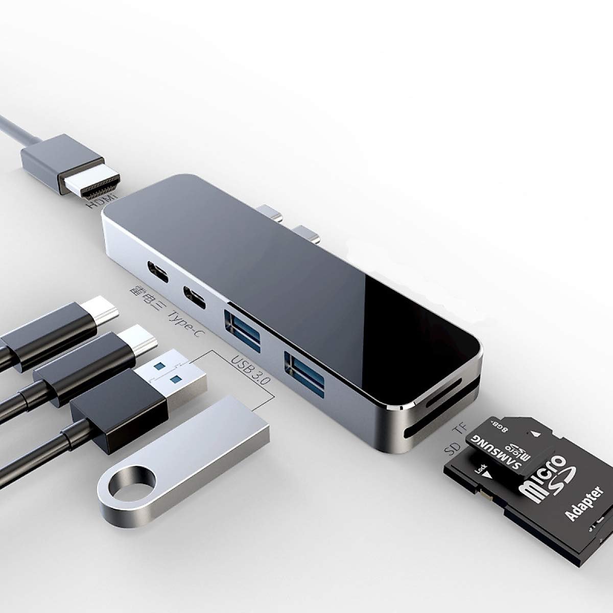 BSD USB C Hub Adapter for MacBook Pro 2016/2017/2018/2019 and MacBook Air 2018.with 4K HDMI, Thunderbolt 3,TF, 2×USB 3.0, SD/Micro Card Readers and Type-C Interface 7In1.