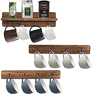 YCOCO Coffee Mug Holder,Rustic Wood Wall Mounted Coffee Mug Rack with 12 Hooks and Storage Shelf,for Coffee Bar Accessories and Decor,Set of 3