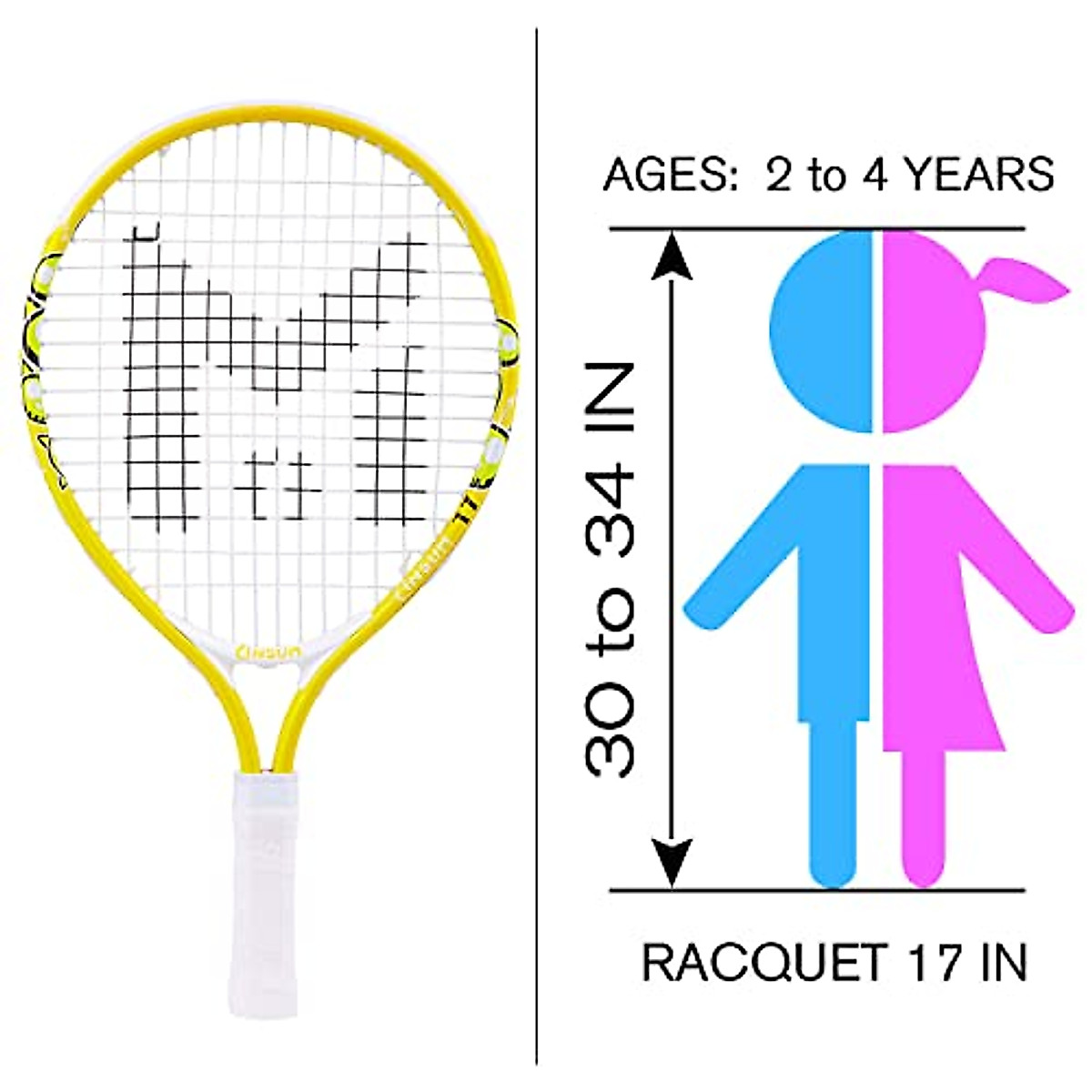 insum 17'' Junior Tennis Racket for Aged 2-3 Y with Strap Bag Kids Tennis Racquet (17inch-Yellow)